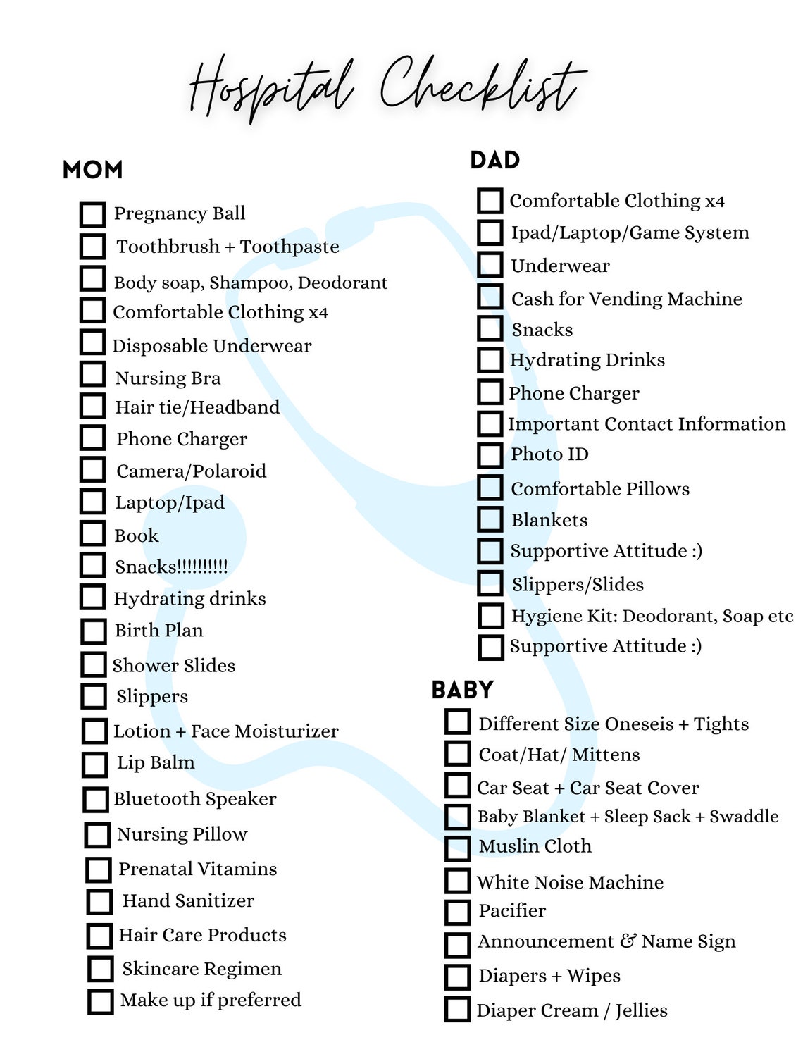New Baby Checklist, Hospital Checklist, Post Partum Checklist, Nesting ...