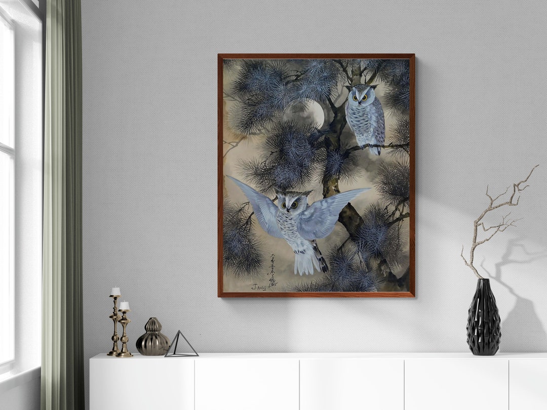 Vintage Owl Painting, Japanese Owls and Full Moon Art Print, Nihonga ...
