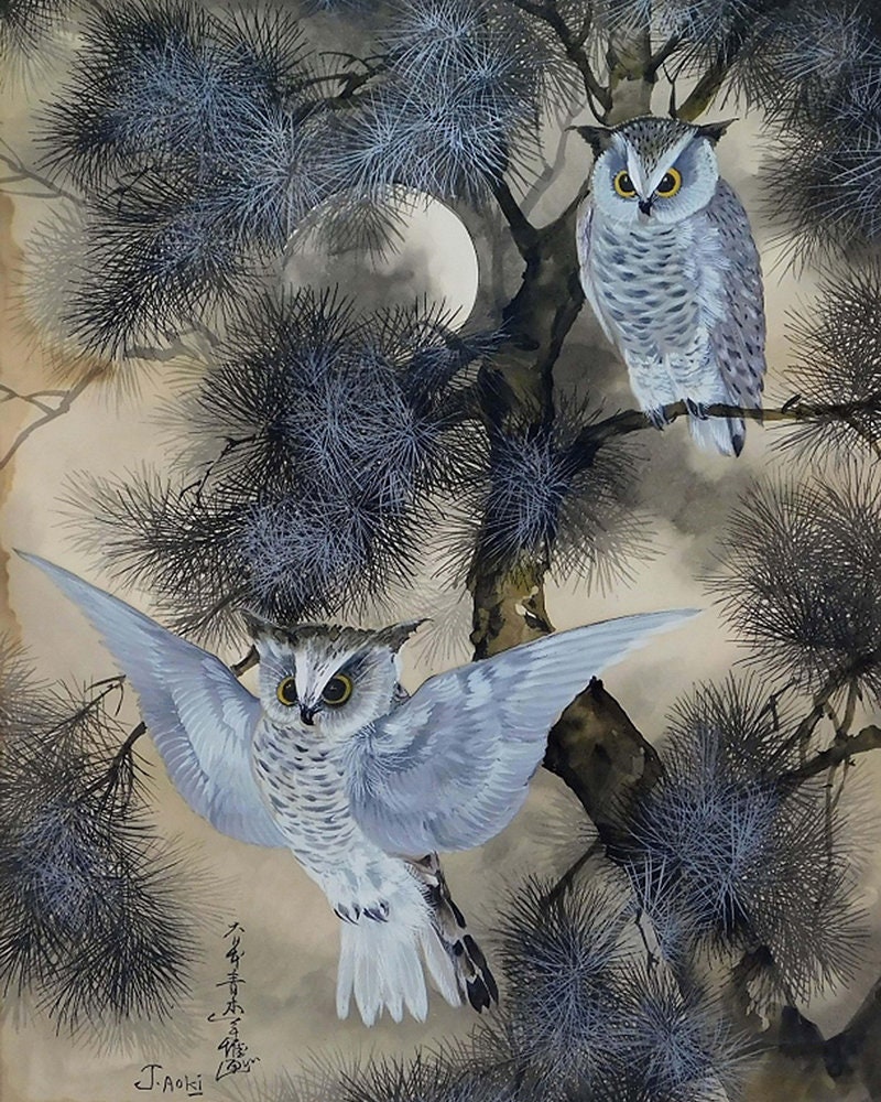 Vintage Owl Painting Japanese Owls and Full Moon Art Print - Etsy