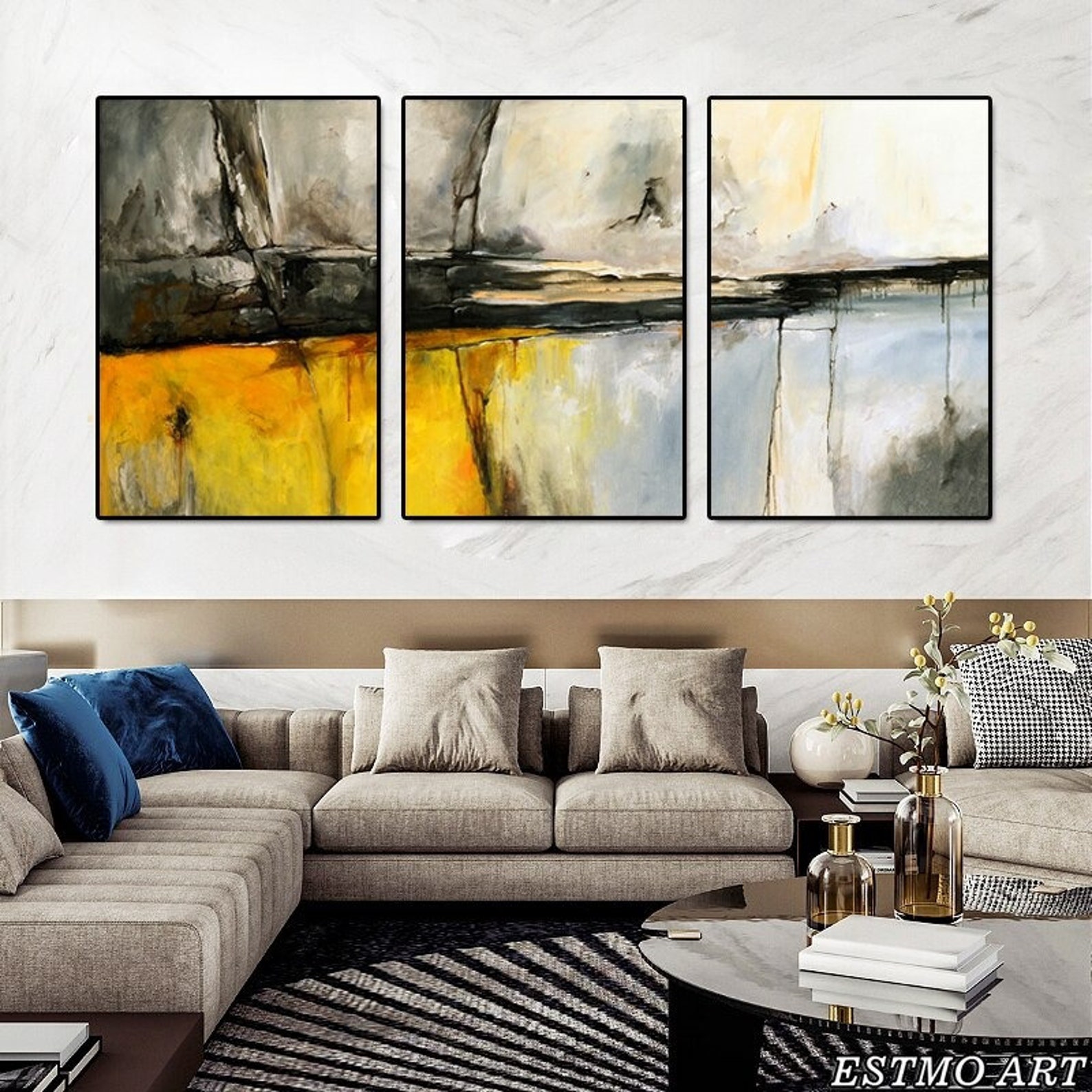 Set of 3 - Abstract Natural Marble Wall Decor Abstract Canvas Print ...