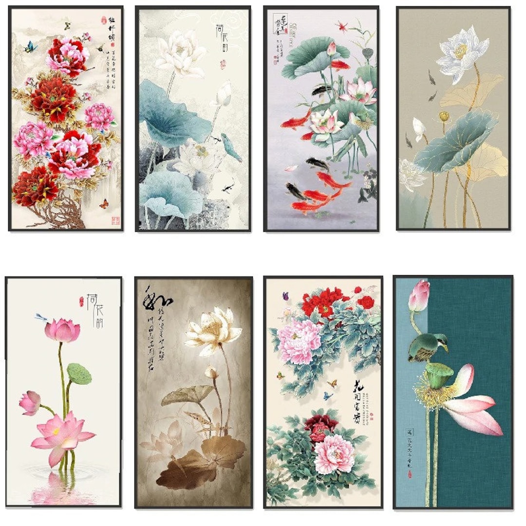 Vintage Chinese Style Lotus Peony, Bamboo, Plum Blossom, Asian Zen ...