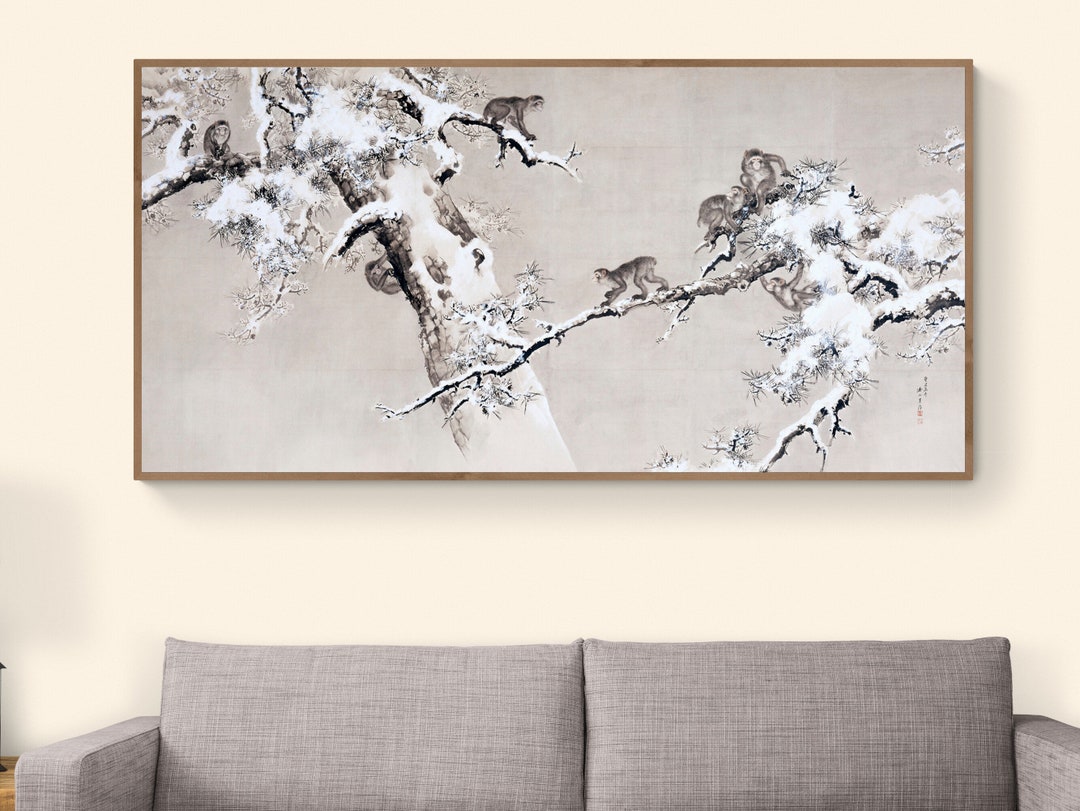 Monkeys and Pine Trees Vintage Japanese Painting by Kishi Renzan Canvas ...