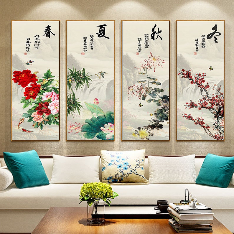 Chinoiserie Panel Prints Set of 4 - Four Seasons Plump Blossom ...