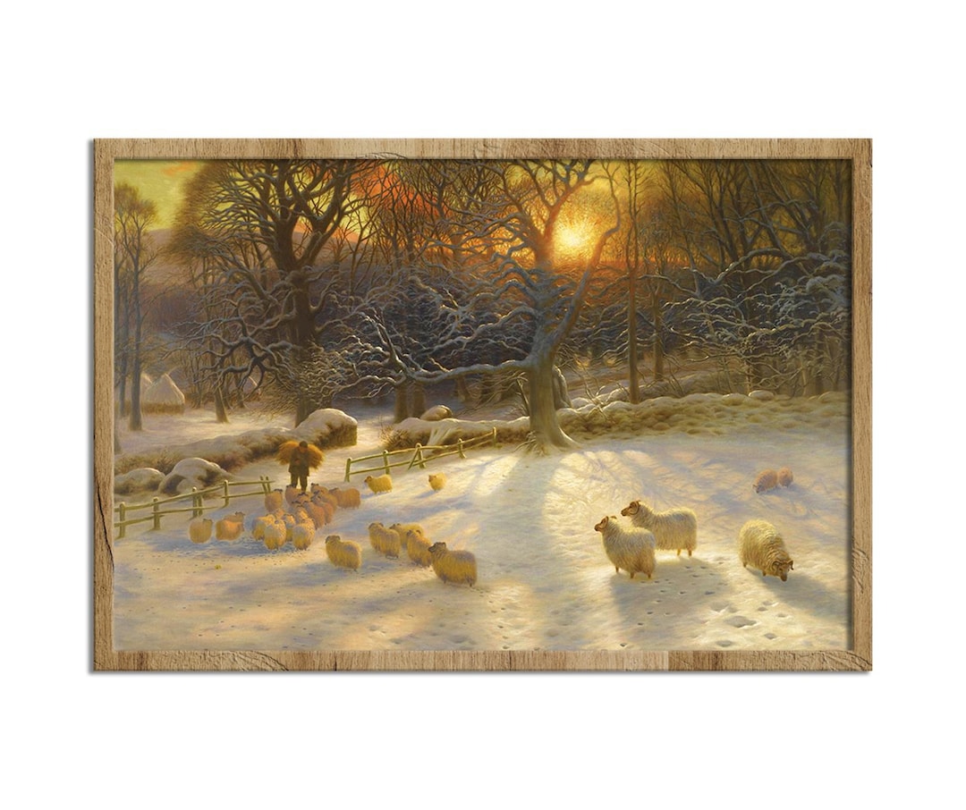 Vintage Winter Scene Painting, Antique Sheep in a Snowy Landscape ...