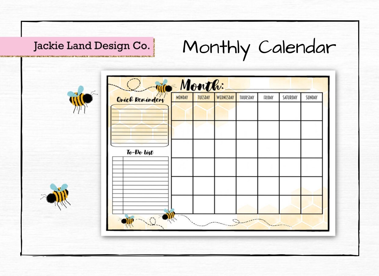 Bee Themed Printable Calendar Weekly Desk Planner Desk | Etsy