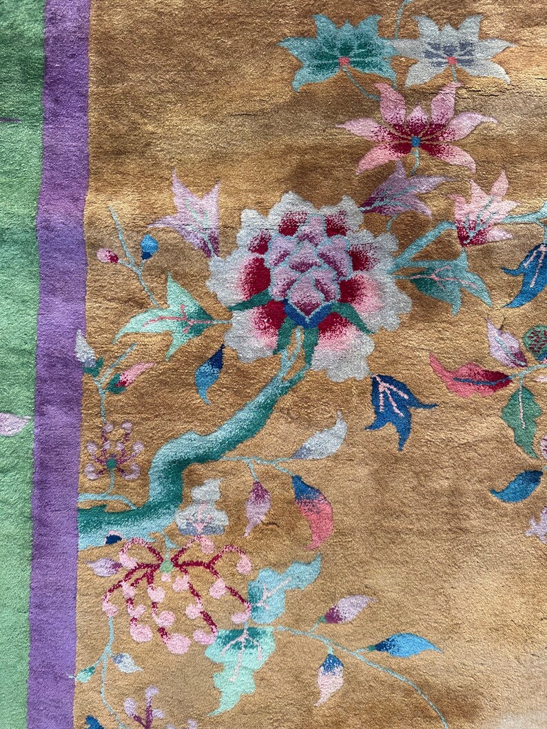 9x12 Gold Green Floral Wool Vintage Chinese Art Deco Rug | Carpets ...