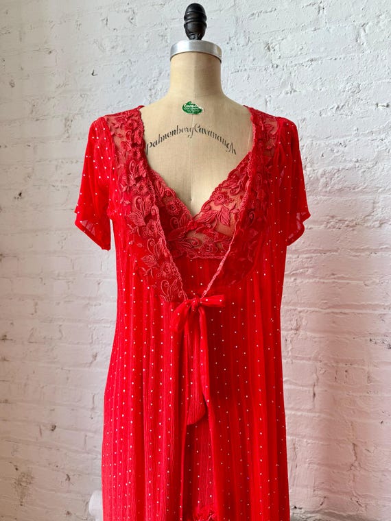 1990s Red Vintage Sheer Negligee and Peignoir Set, 90… - Gem