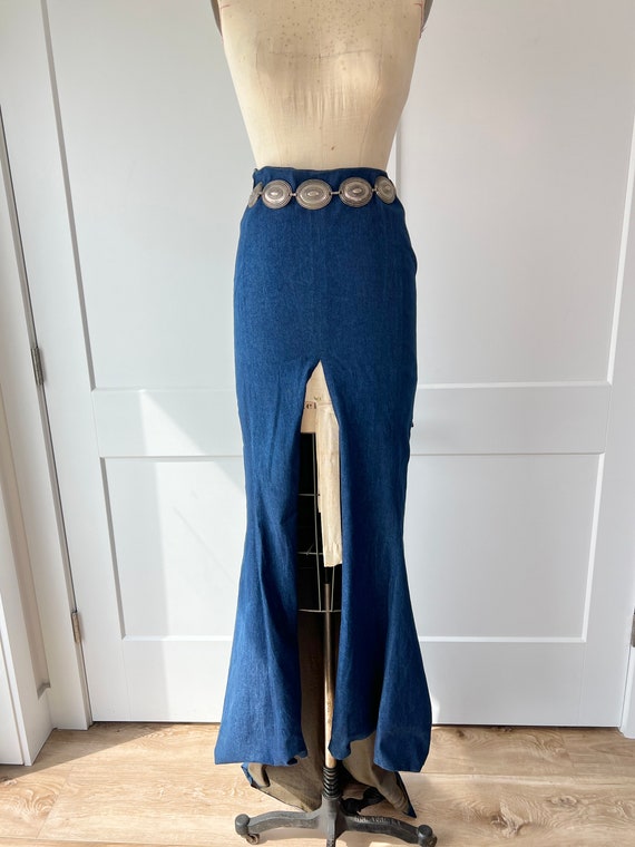 1990s Rare Anne Bowen Faux Denim Asymmetrical Ruched … - Gem