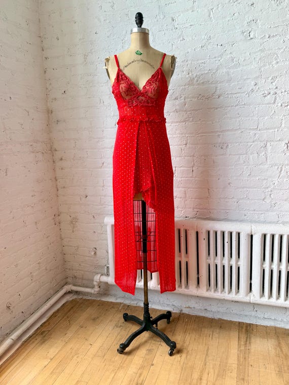 1990s Red Vintage Sheer Negligee and Peignoir Set, 90… - Gem