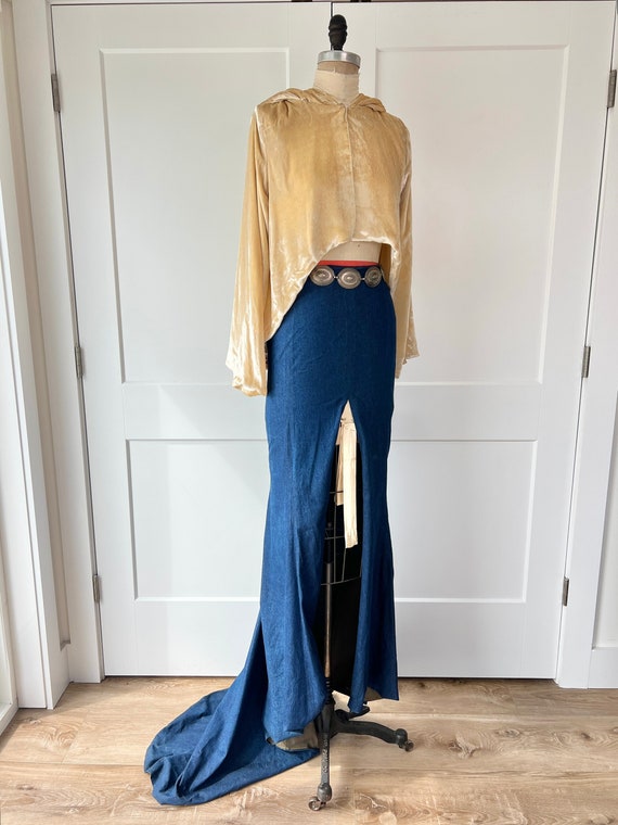 1990s Rare Anne Bowen Faux Denim Asymmetrical Ruched … - Gem