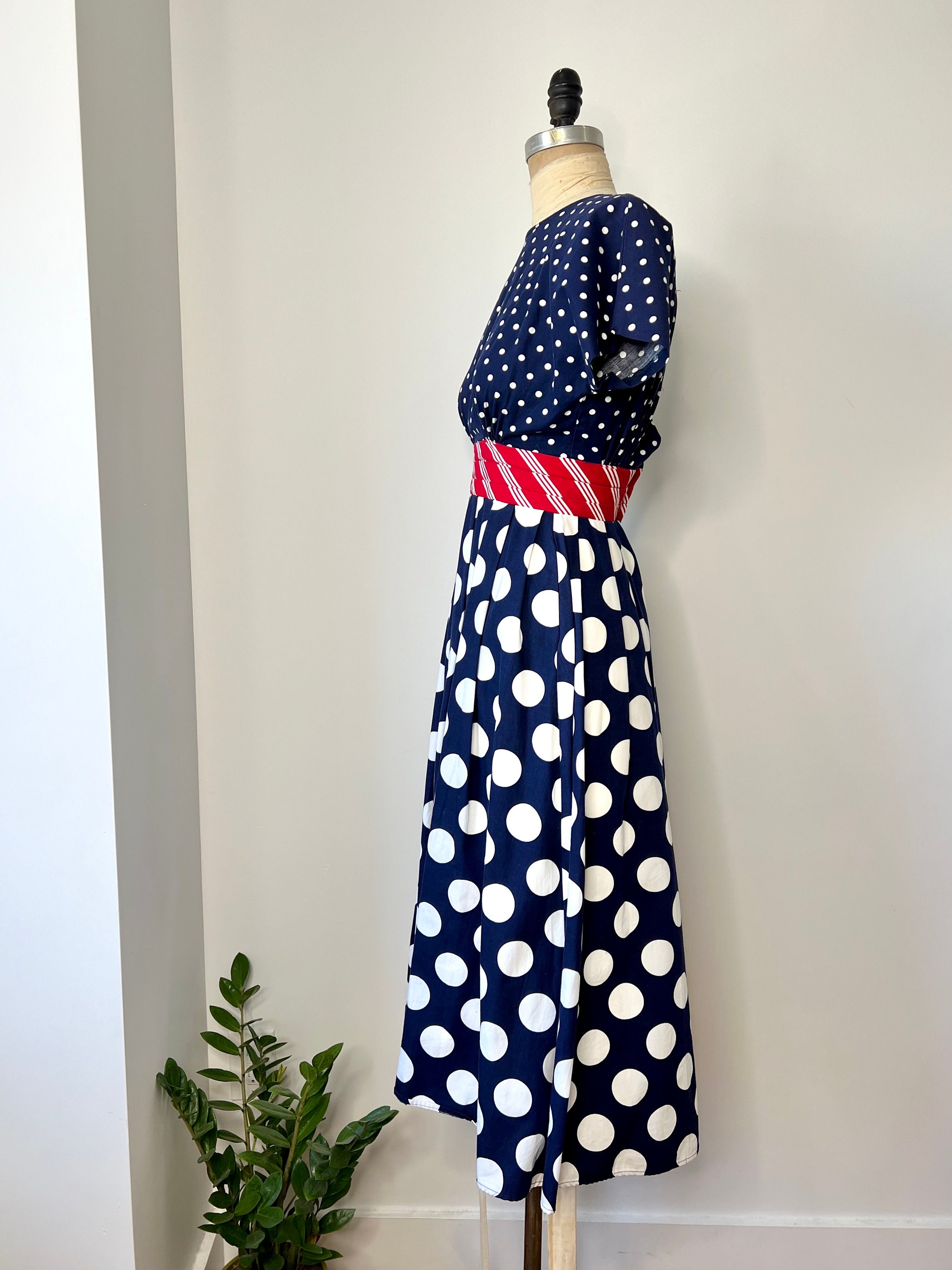 Vintage XS 1980s Does 1950s Polka Dot Red, White and Blue Pleated Git ...