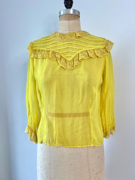Vintage Yellow Sheer Lace Trim Blouse - Gem