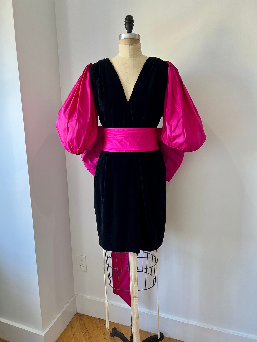 1980s Yves Saint Laurent/ysl Black Velvet Dress With Pink Balloon ...