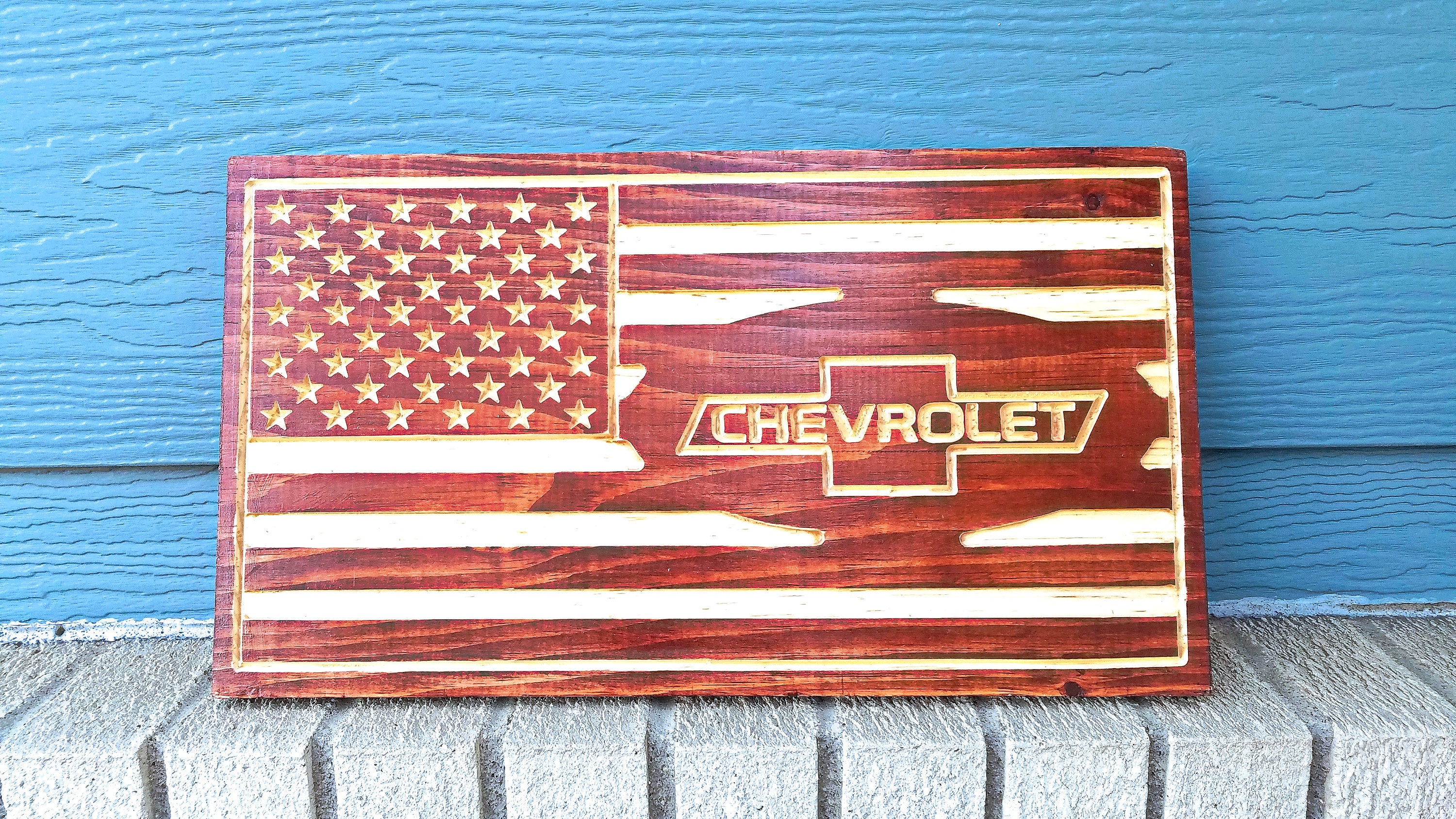 Wooden American Flag - Chevrolet Fan Gift - Rustic Home Decor - Hanging ...