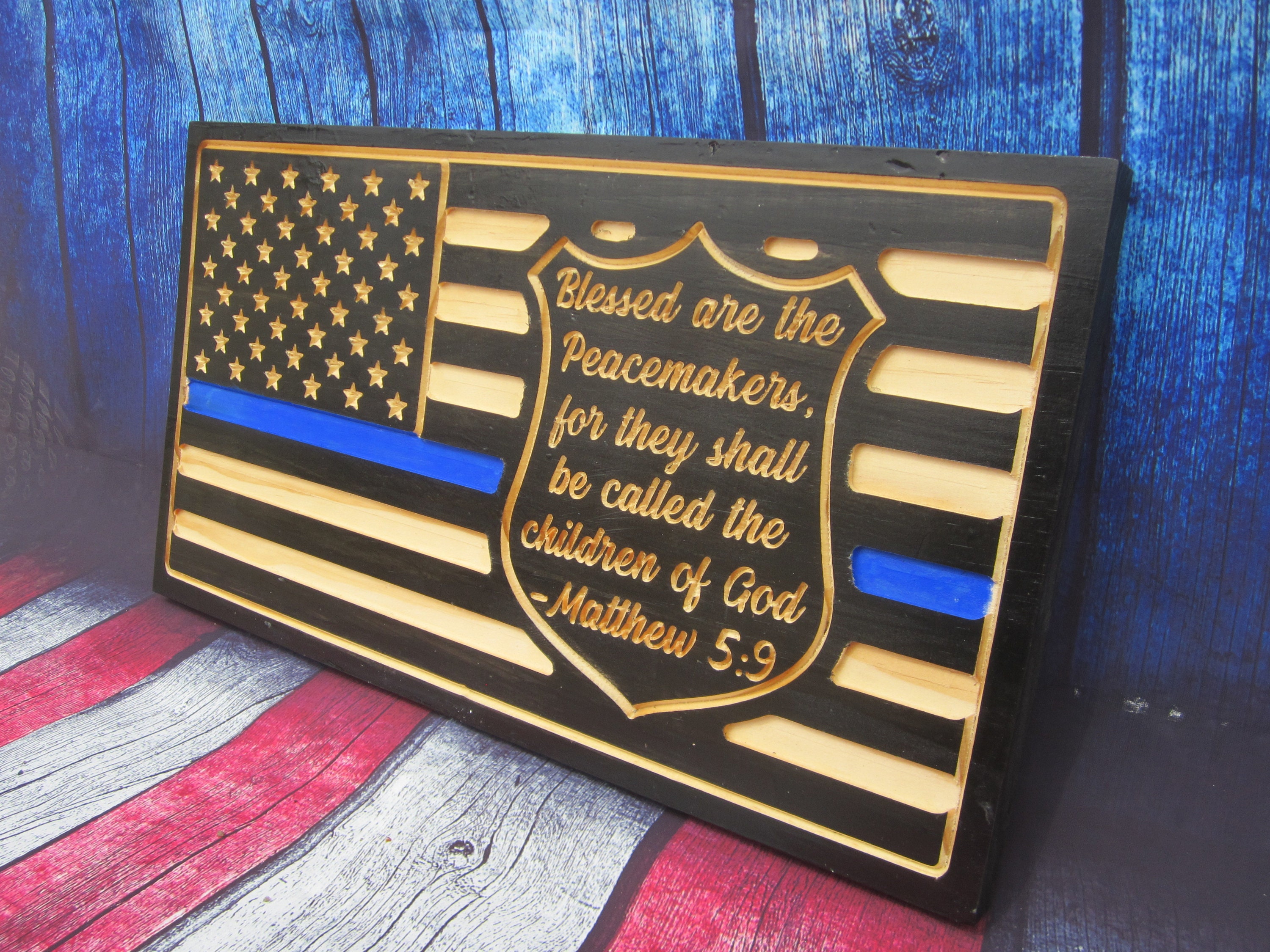 Blessed Are the Peacemakers Police Wooden Flag - Law Enforcement Gift ...