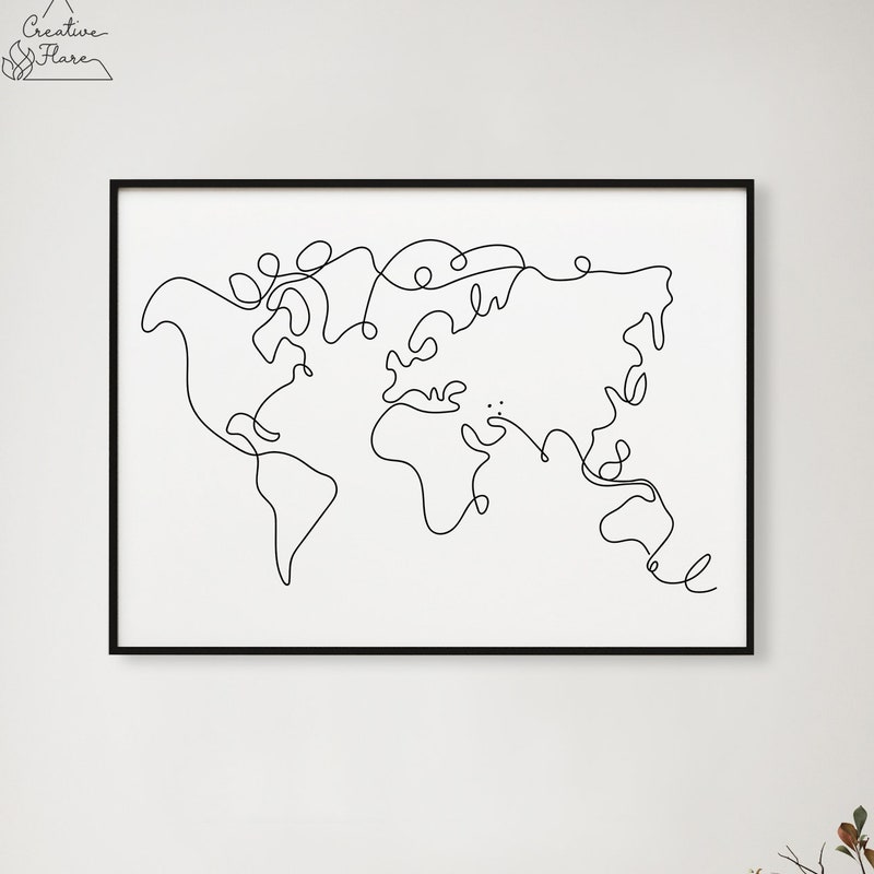 World Map Line Drawing Wall Art - Etsy