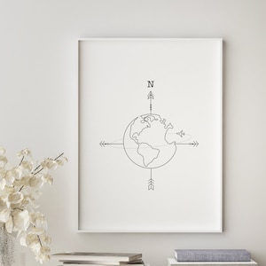 Compass Wall Art, World Map Line Drawing, Earth Poster, Earth ...