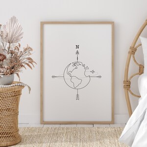 Compass Wall Art, World Map Line Drawing, Earth Poster, Earth ...