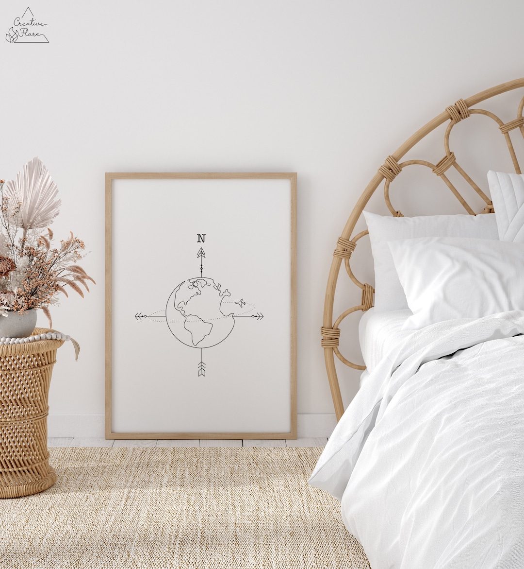 Compass Wall Art, World Map Line Drawing, Earth Poster, Earth ...