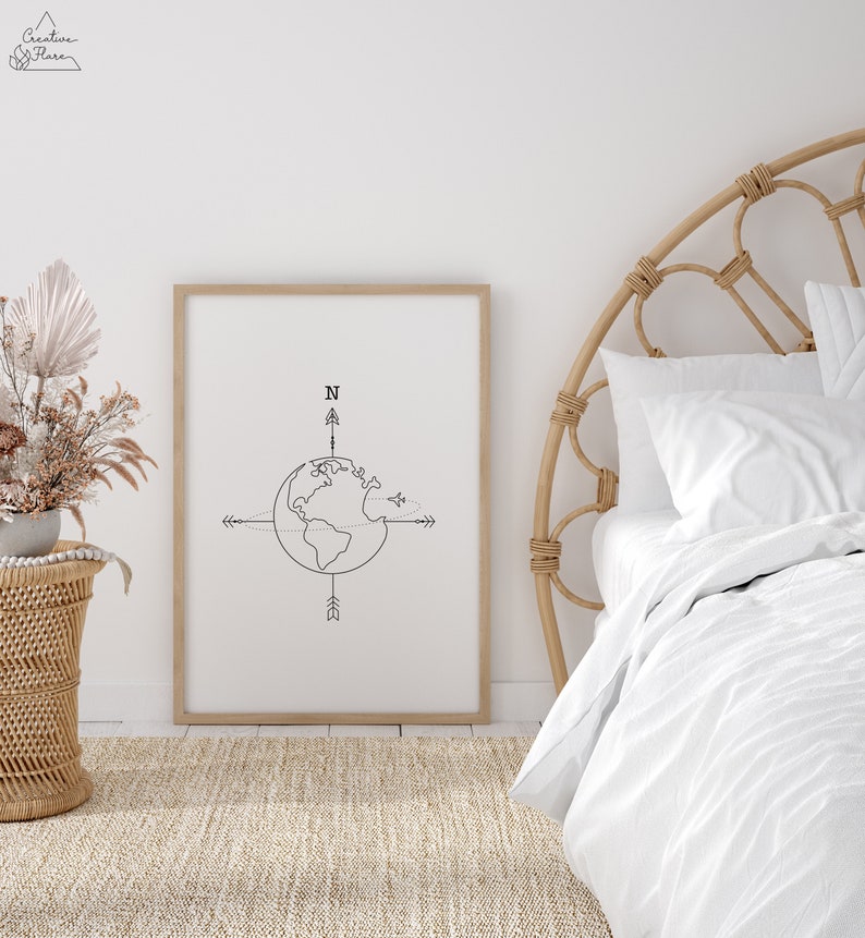 Compass Wall Art World Map Line Drawing Earth Poster Earth - Etsy