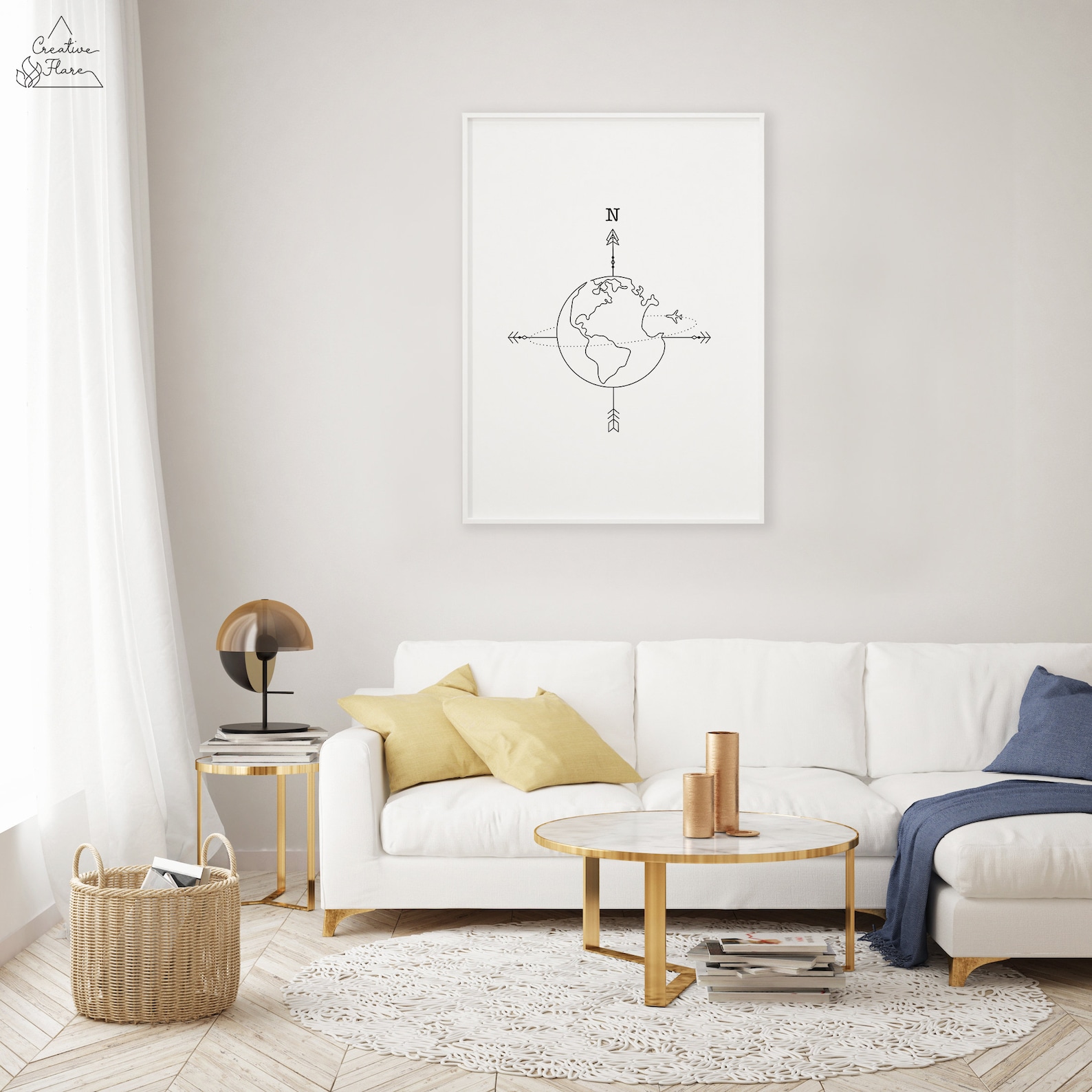 Compass Wall Art, World Map Line Drawing, Earth Poster, Earth ...