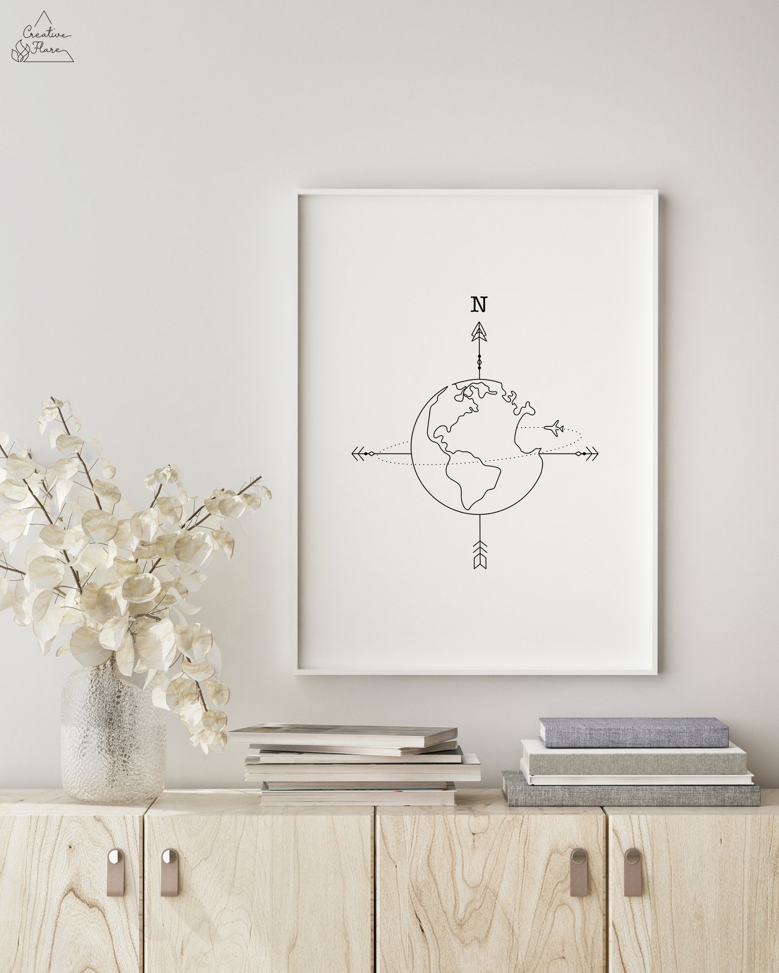 Compass Wall Art World Map Line Drawing Earth Poster Earth - Etsy