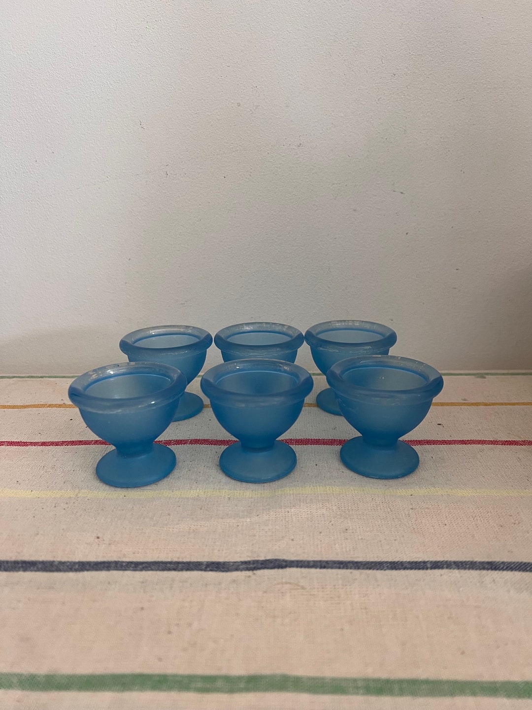 A Beautiful Set of Six Vibrant Turquoise Blue French Vintage Frosted ...
