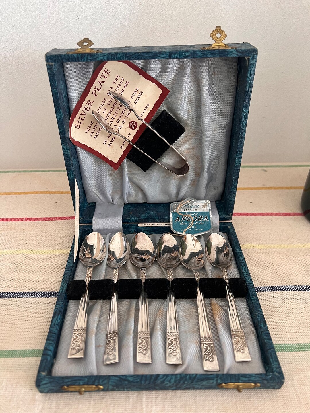 A Gorgeous Blue Grey Satin Lined Boxed Set of Angora Silver Plated EPNS ...