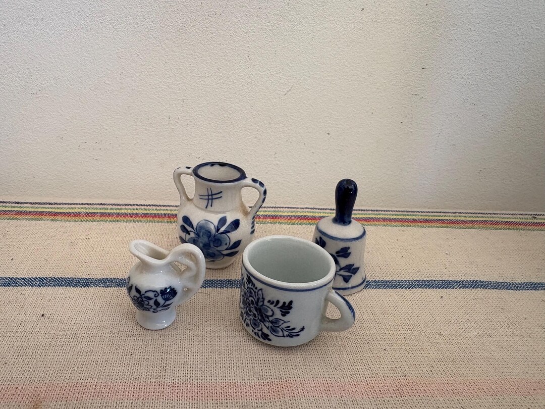 A Set of Four Miniature Delft Dutch Holland China Hand Painted Blue and ...