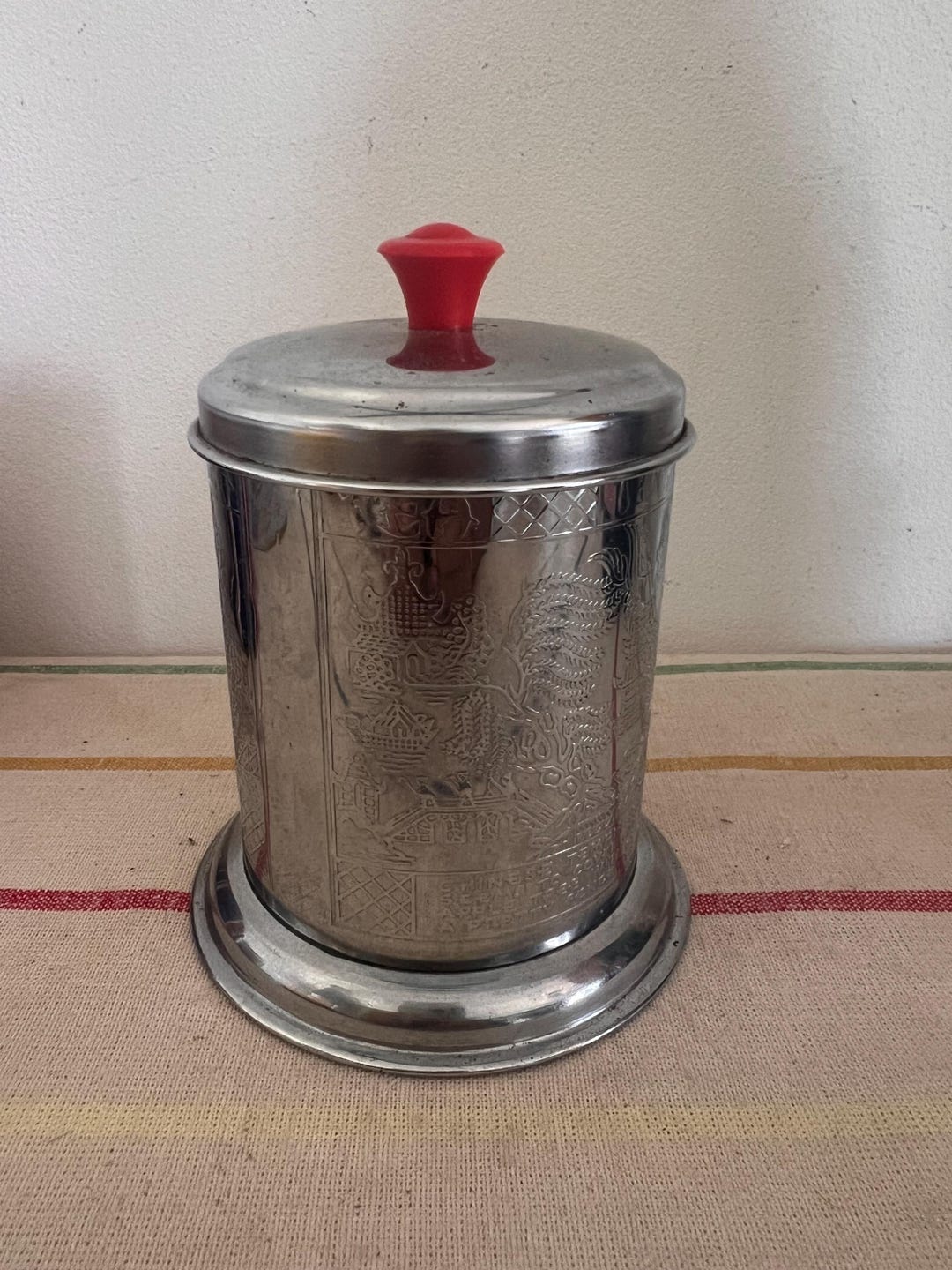 A Mid-century Chrome Tea Caddy With Oriental Scene - Etched Design, Tea ...