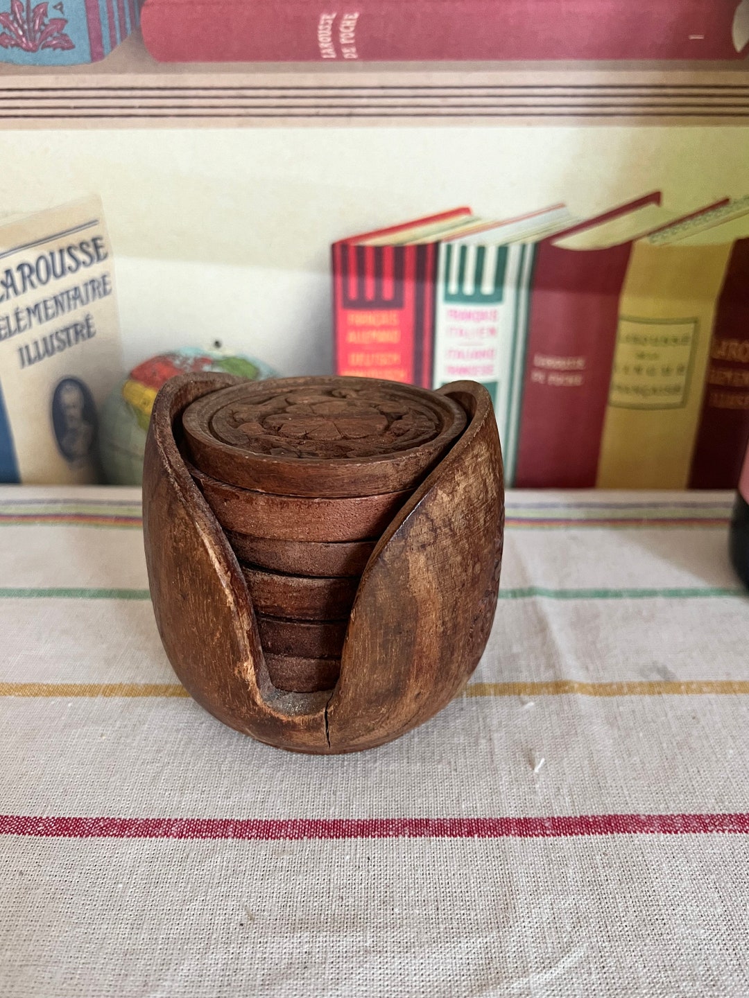 A Set of Six Retro Wooden Hand Carved Coasters, Table Protectors in ...