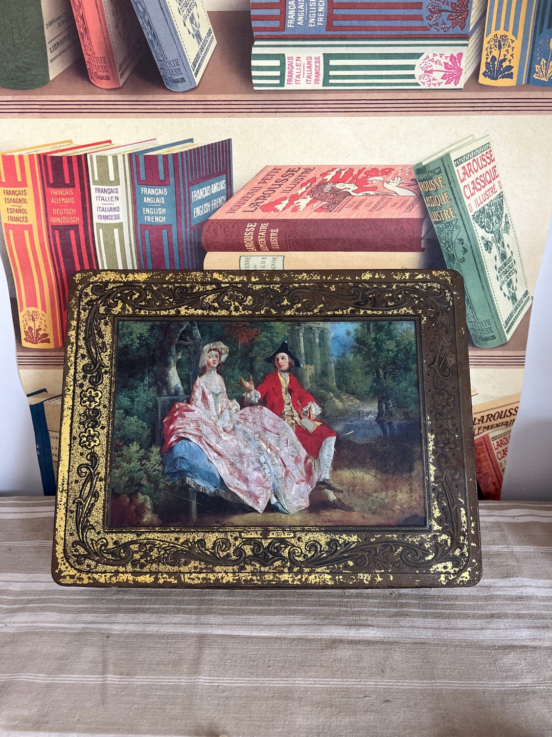 A Very Large Antique Gold Coloured Tin With a Hinged Lid Made in ...