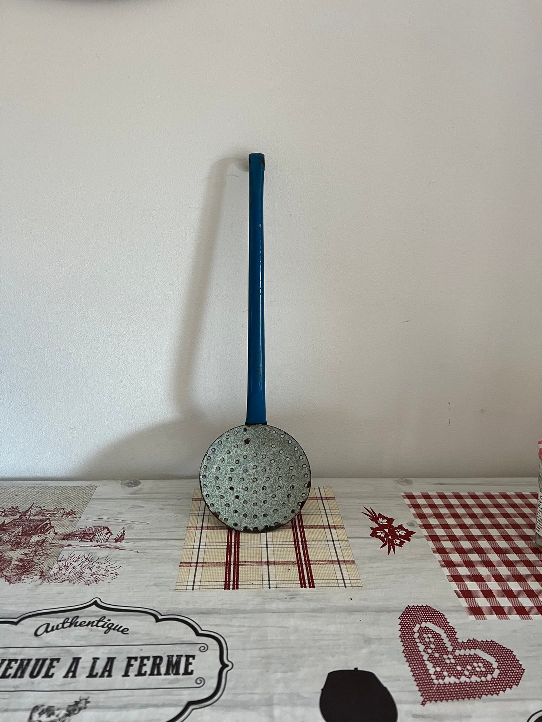 A Rustic, Well Used French Vintage Speckled Blue Painted Enamel Sieve ...