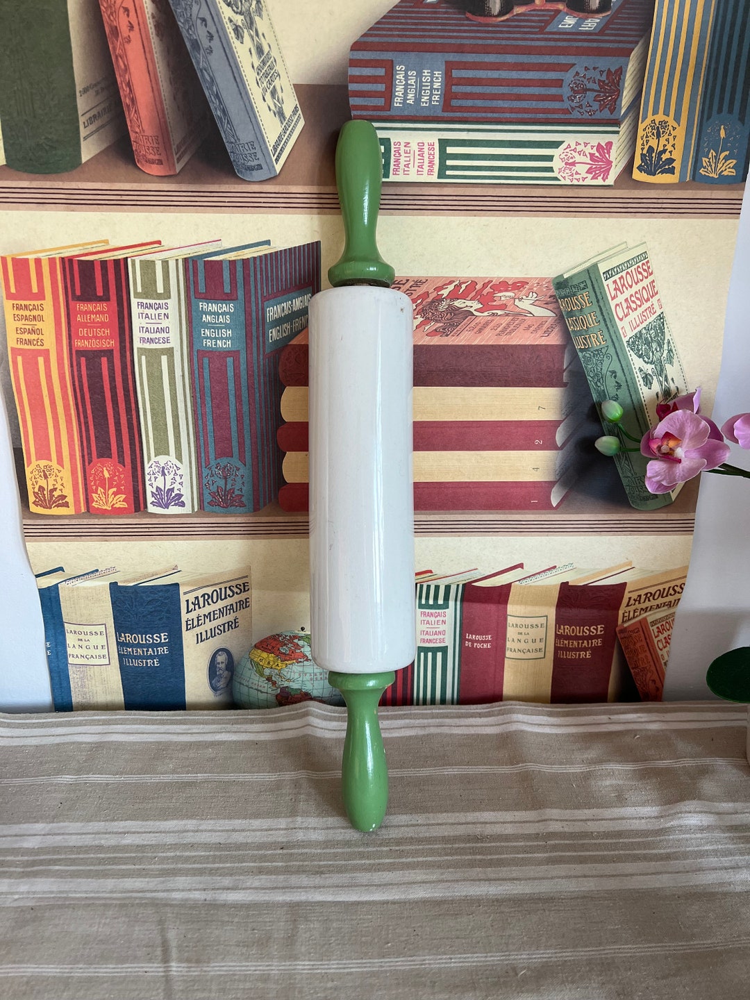 A Nutbrown White and Green Antique Earthenware Ceramic Rolling Pin With ...