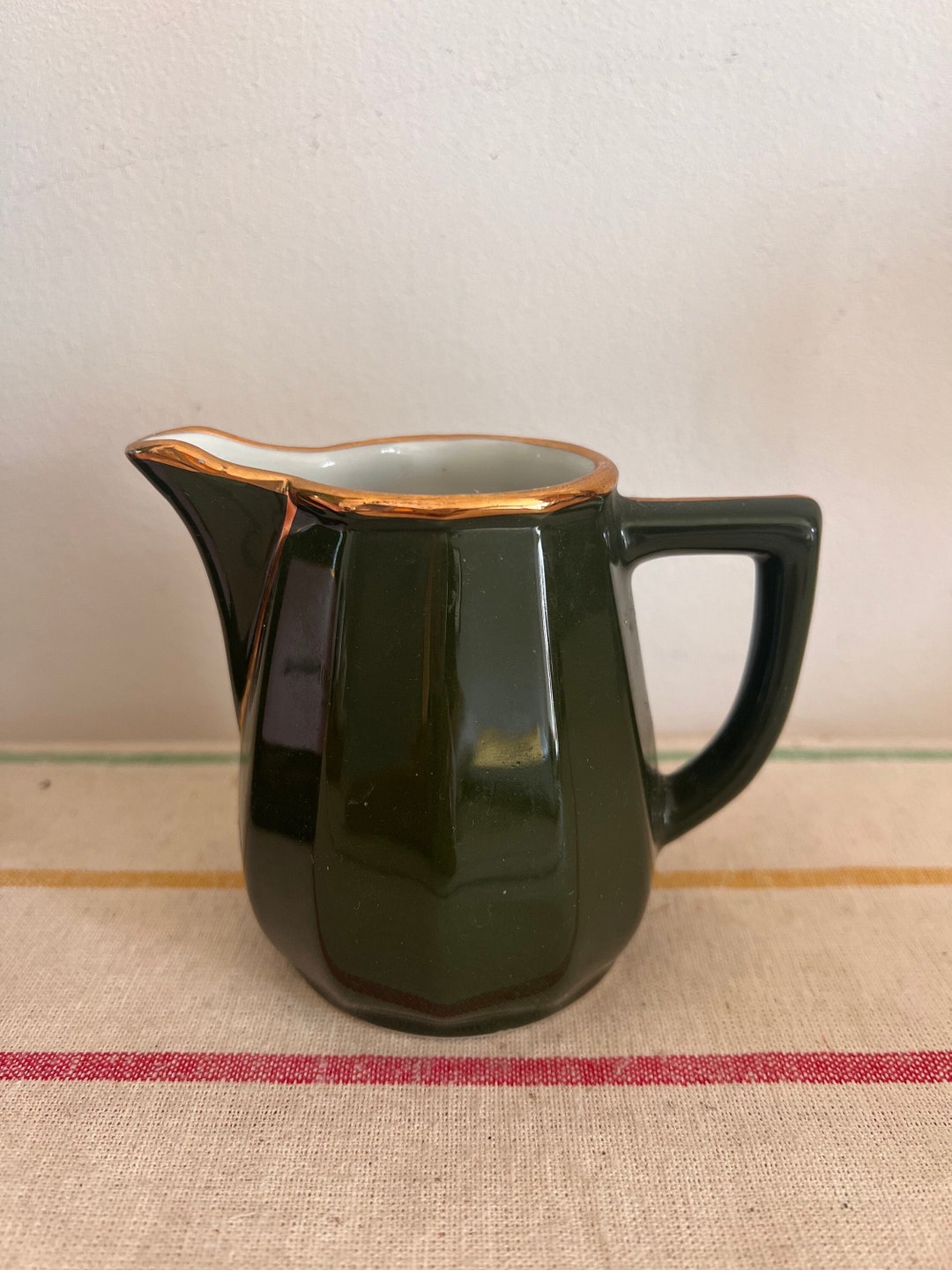 A Vintage French Cafe Apilco Green and Gold Rimmed China Jug, Creamer ...