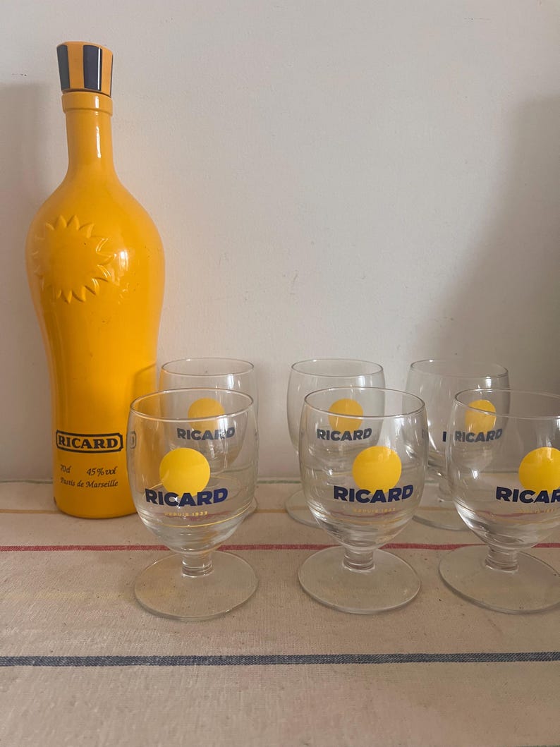 Set of 6 Ricard Depuis 1932 Full Sun Logo Glasses to Serve Pastis in an ...