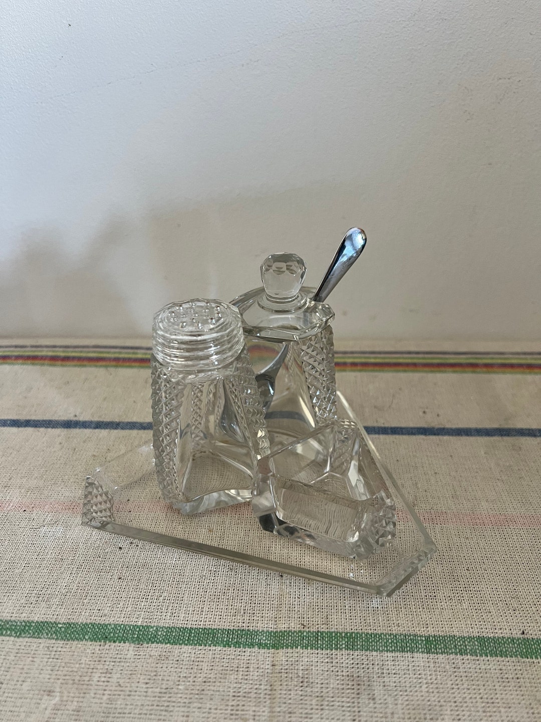 A Charming Antique Cut Glass Condiment Set, Salt, Pepper, Mustard With ...