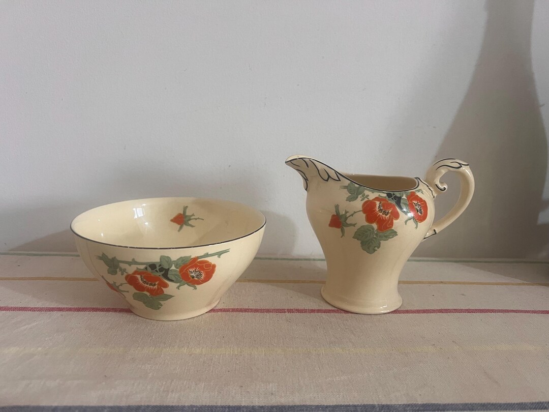A Stunning Myott Art Deco Hand Painted Matching Milk Jug or Creamer and ...