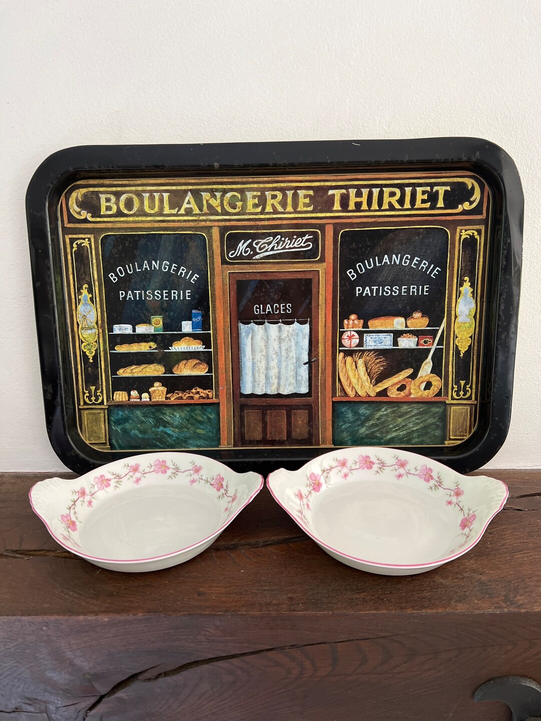 A Set of Two French Vintage Pink and White Floral Porcelain Apilco Oven ...