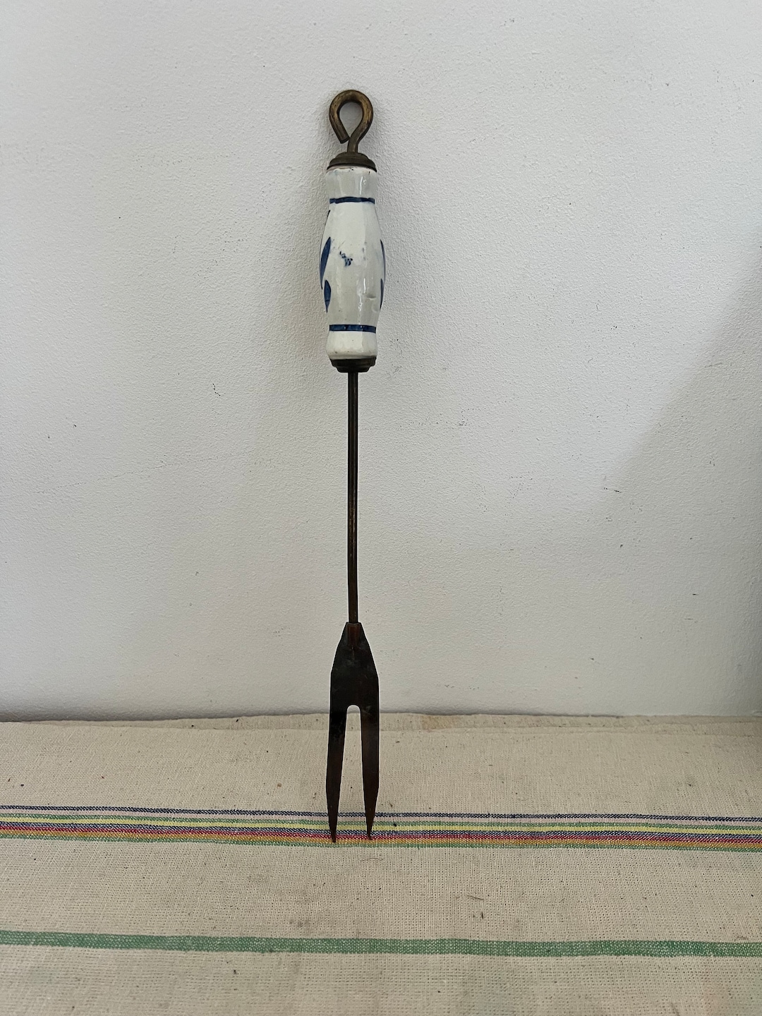 A Lovely Antique Victorian Brass Fork With Delft Pottery Ceramic Handle ...