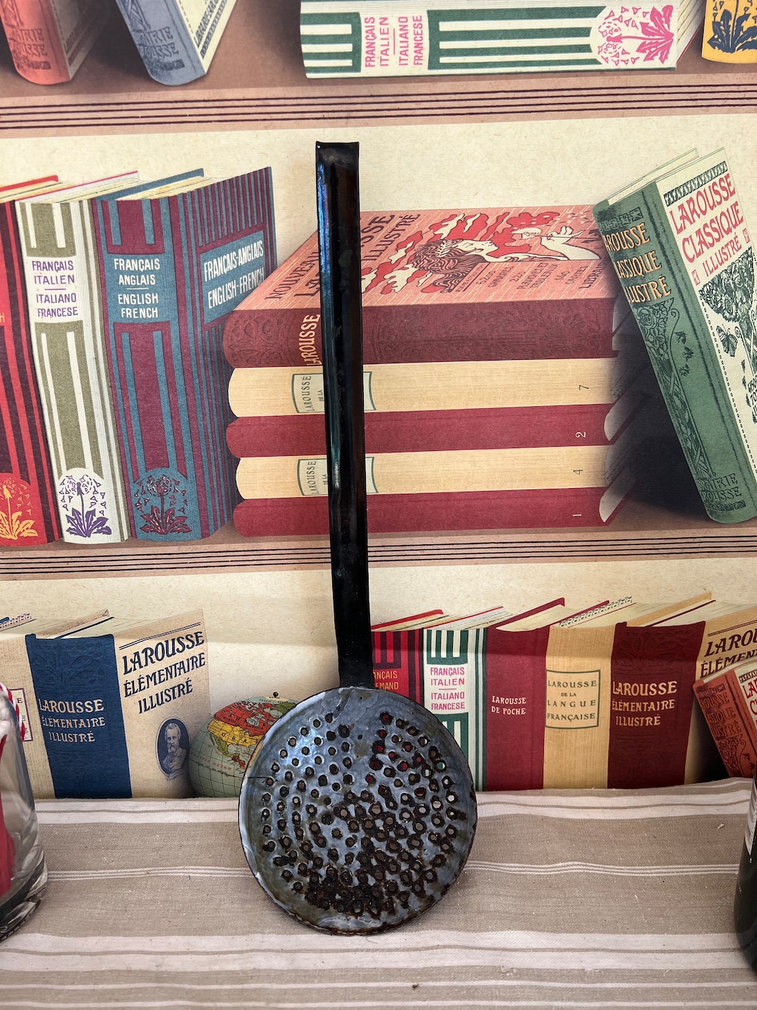 A Rustic French Vintage Red and Grey Painted Enamel Ladle Sieve Spoon ...