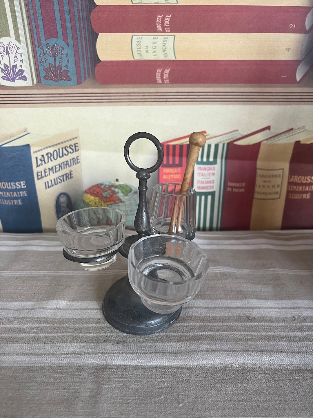 A Charming French Antique Glass Condiment Set, Salt, Pepper, Mustard ...