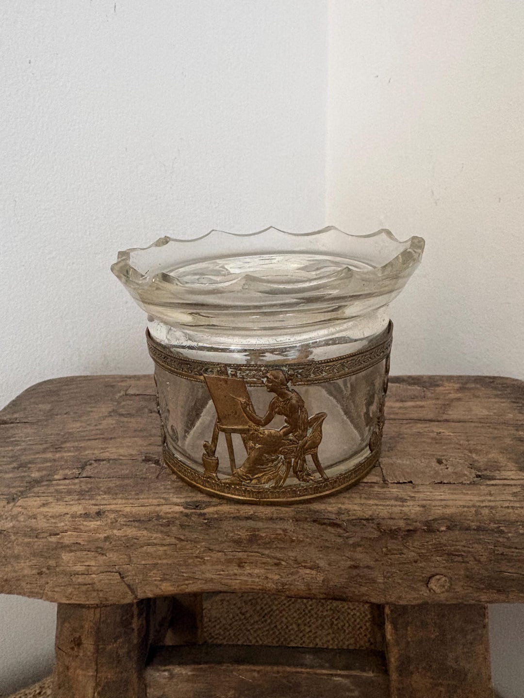 A French Antique Round Glass and Brass Inkwell With Artist, Sculpting ...