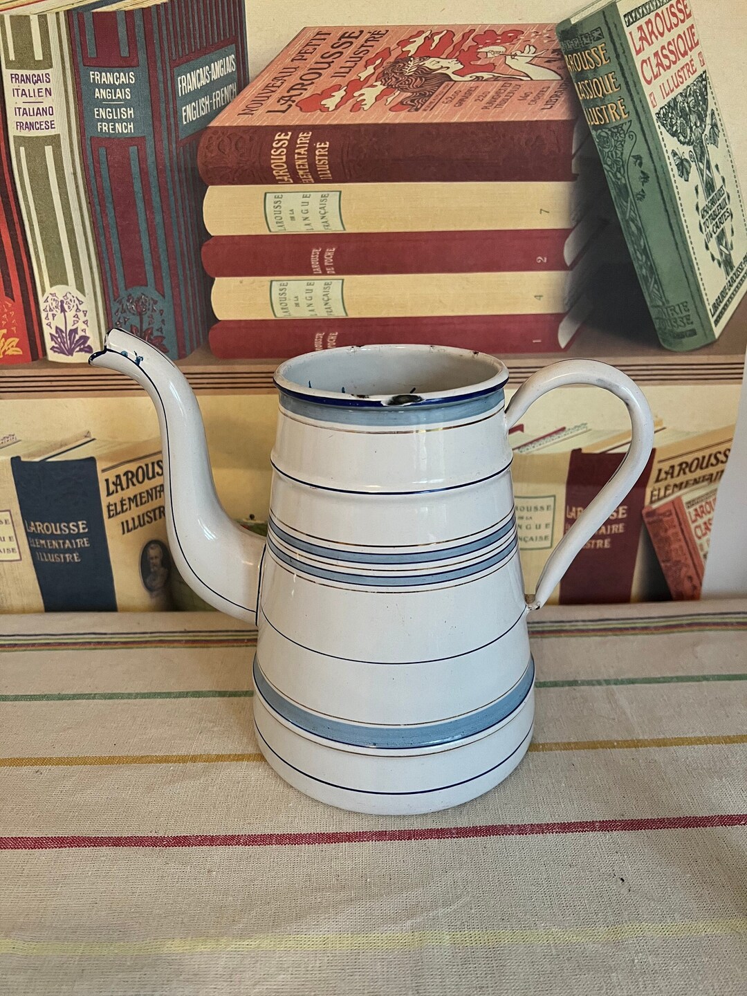 1920’s Vintage Enamelled White Blue Striped Coffee Pot ( Missing Lid ...