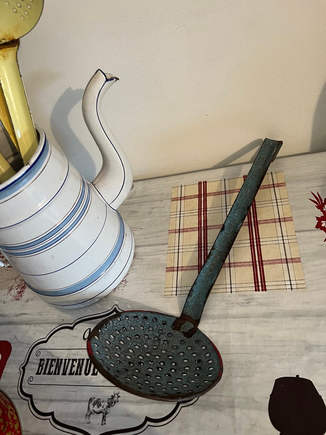 A Rustic, Well Used French Vintage Speckled Bluey Grey Painted Enamel ...