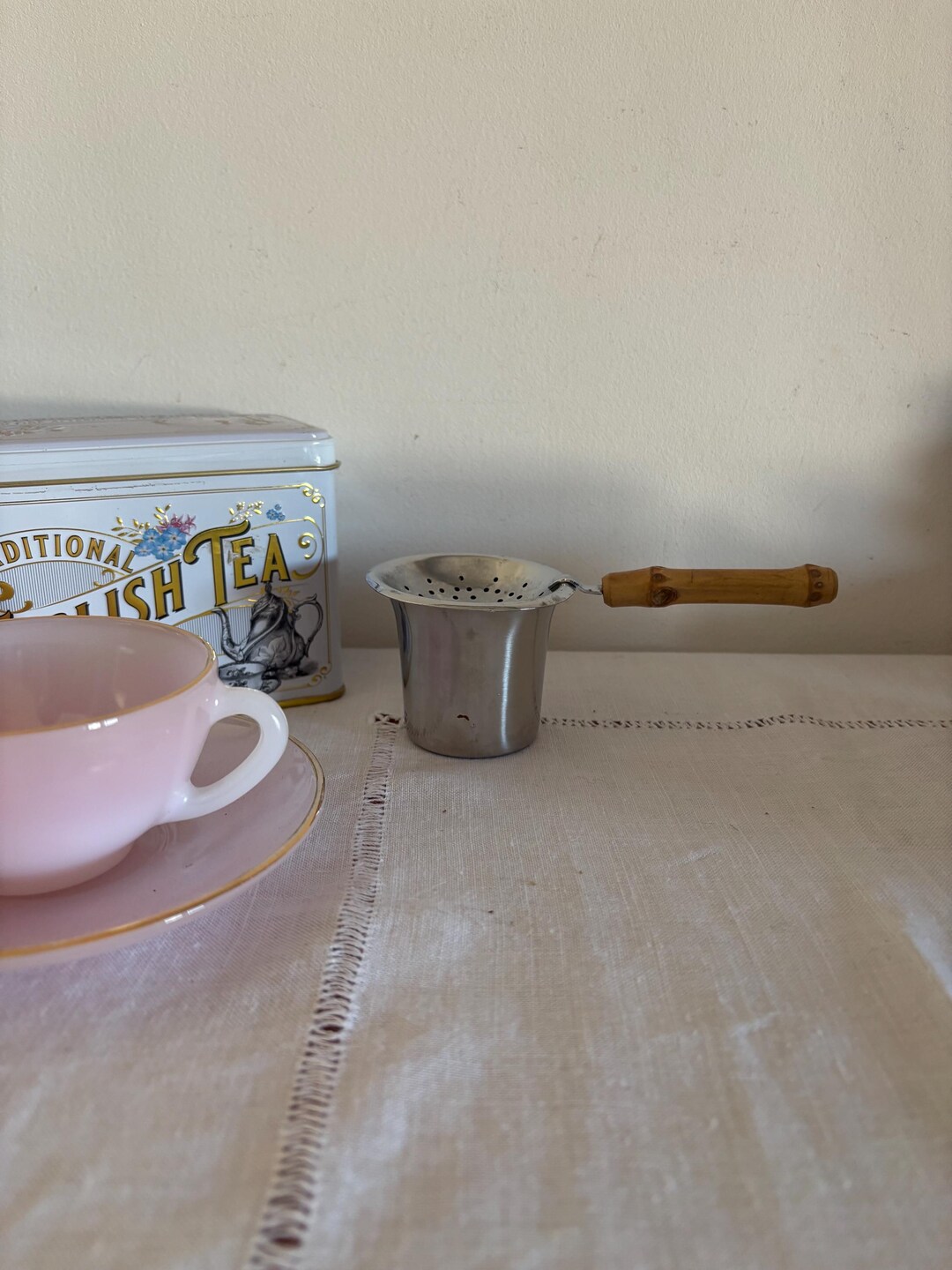 A Danish Lundtofte Aluminium Drip Cup and Tea Strainer With Cane Handle ...