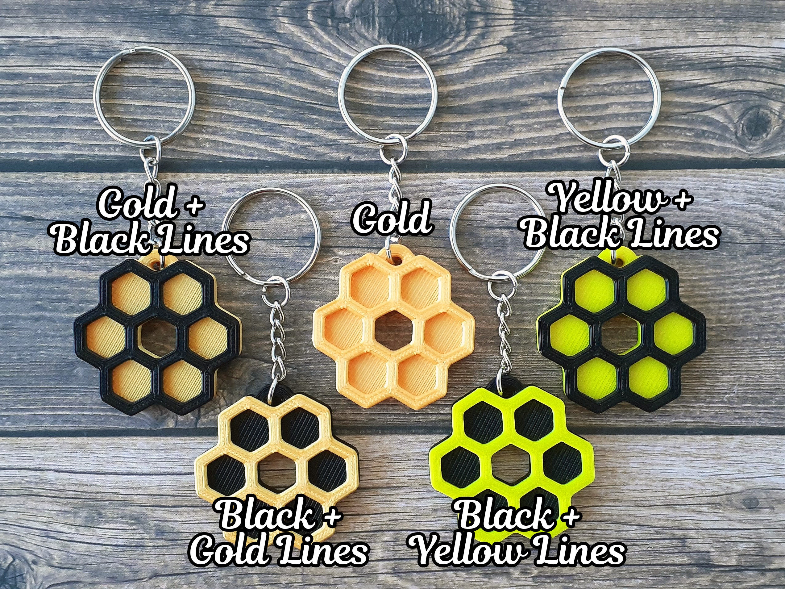 Honeycomb Keychain - 3D Printed - Gold, Black, Yellow - Honey, Bee ...