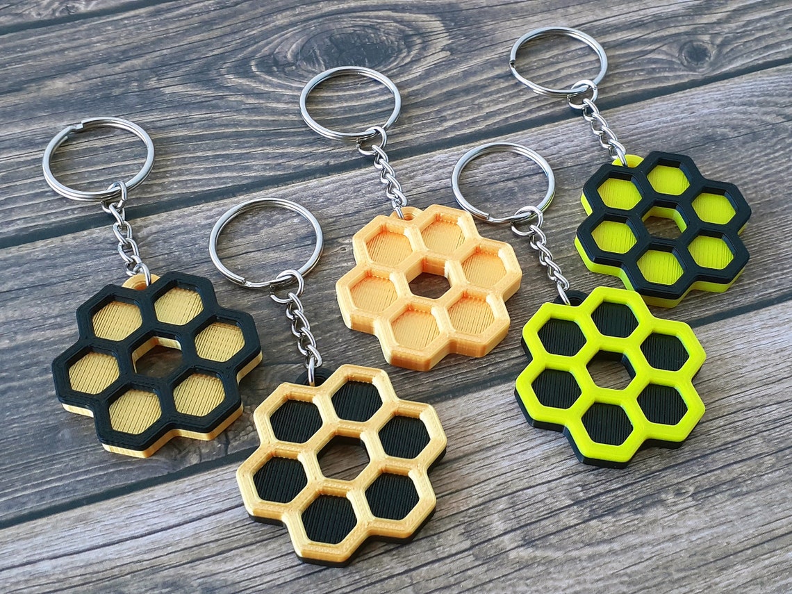Honeycomb Keychain - 3D Printed - Gold, Black, Yellow - Honey, Bee ...