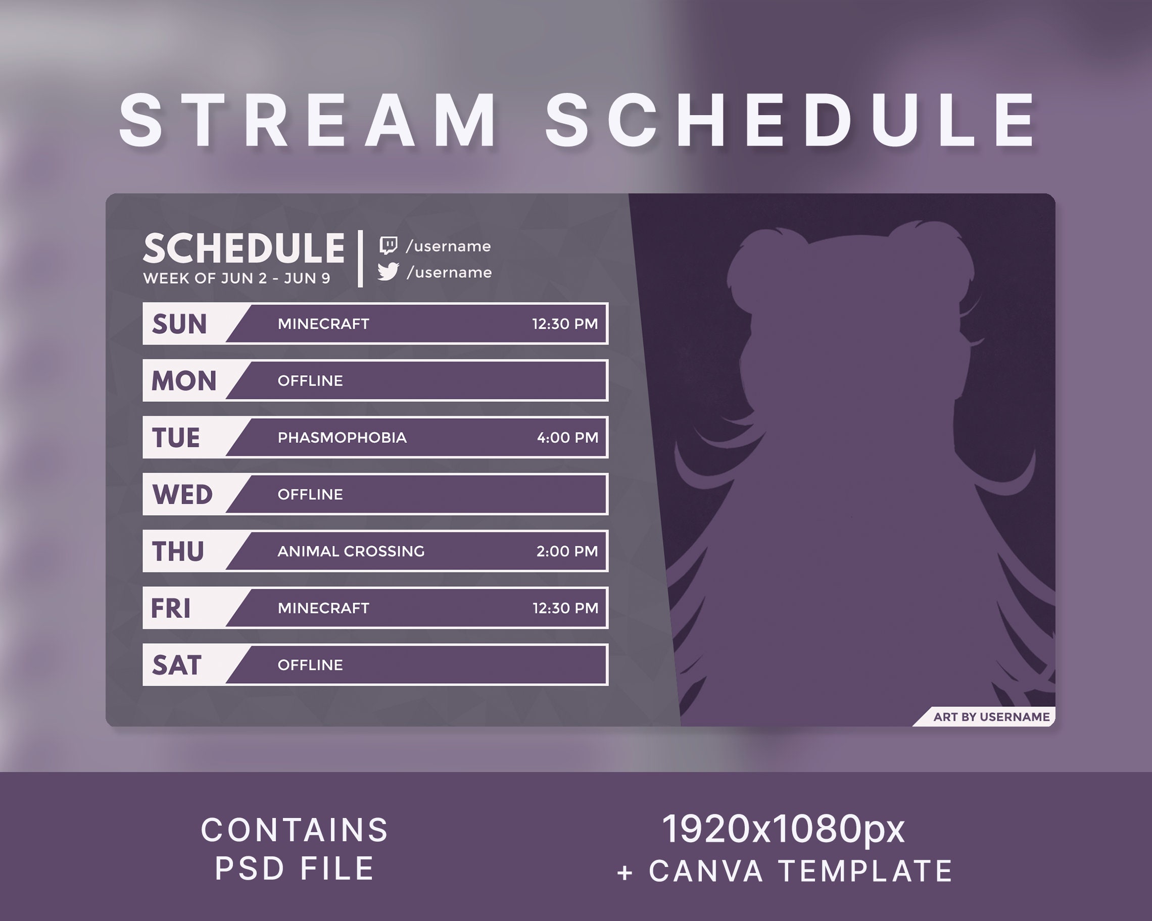 PURPLE Twitch Schedule Template Vtuber Graphics Streamer Graphics Canva ...