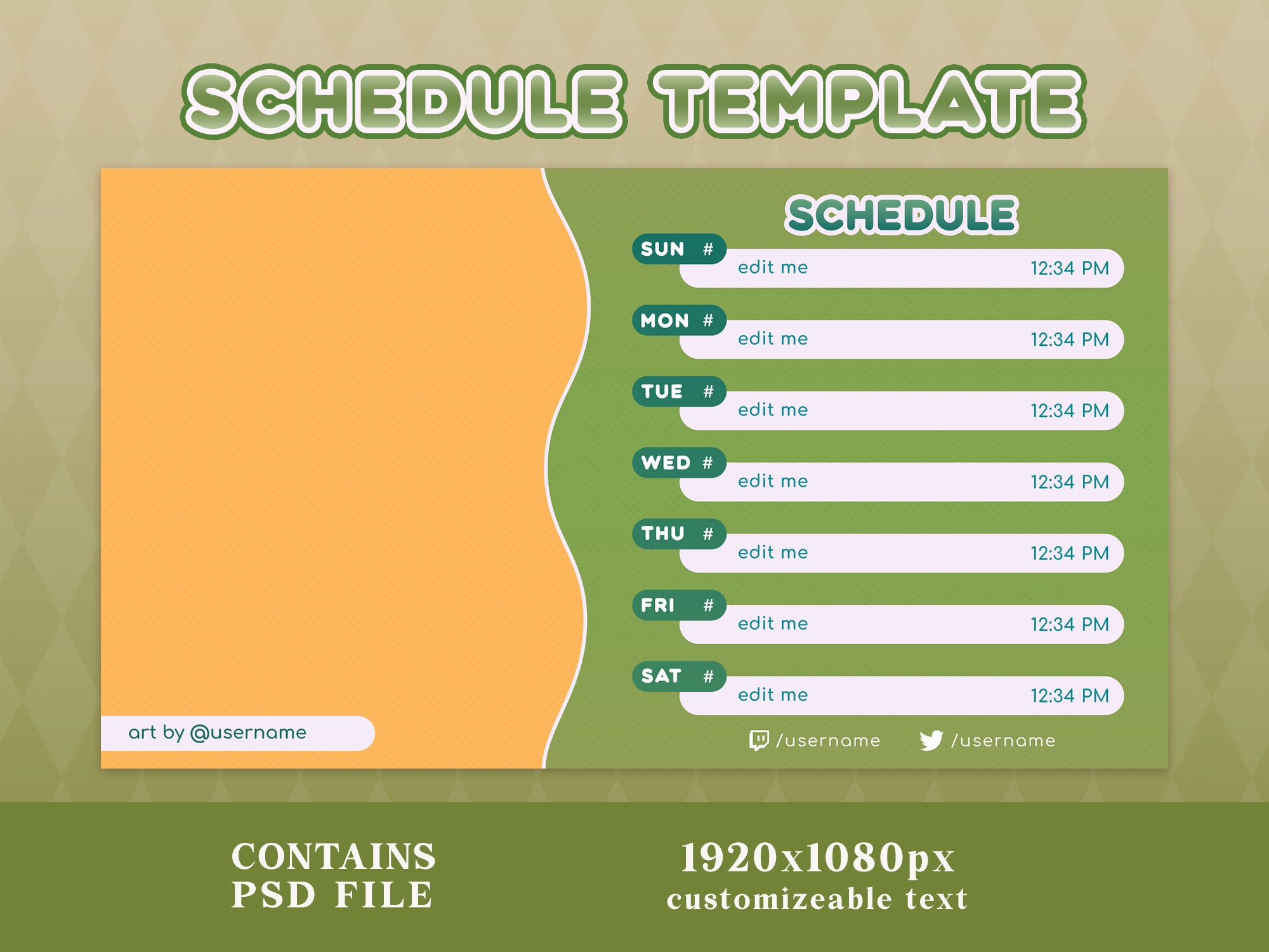 Twitch Schedule Template | Orange & Green | Streamer Graphics | Vtuber ...